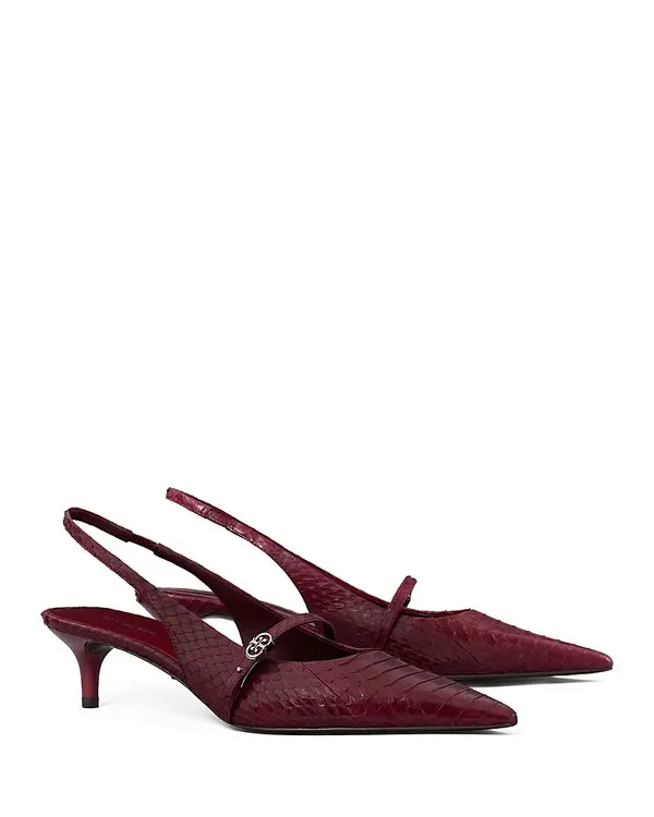 Tory Burch Double T Buckle Snake Embossed Leather Slingback Pumps - Dark Raspberry