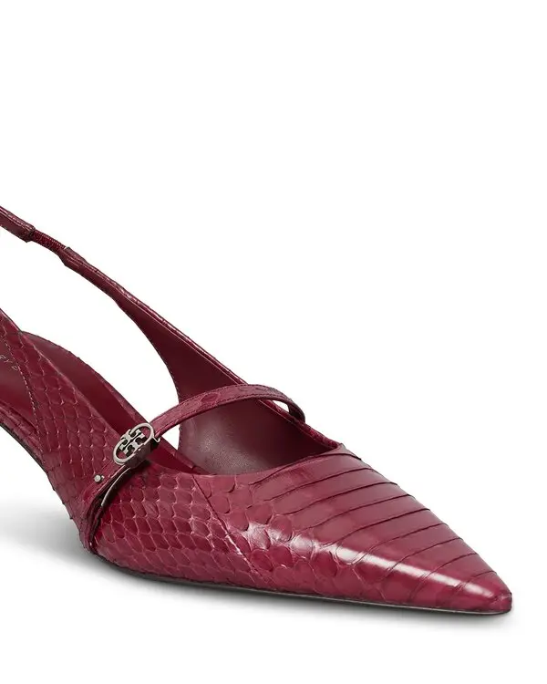 Tory Burch Double T Buckle Snake Embossed Leather Slingback Pumps - Dark Raspberry