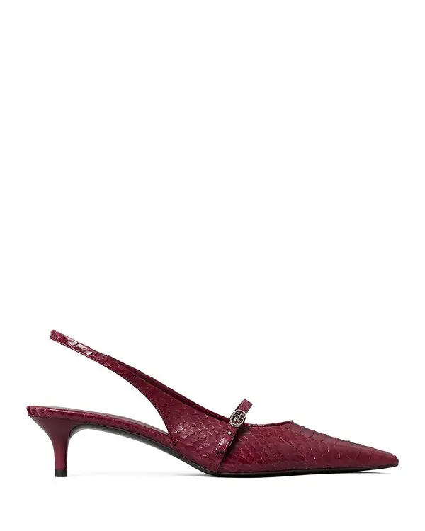 Tory Burch Double T Buckle Snake Embossed Leather Slingback Pumps - Dark Raspberry