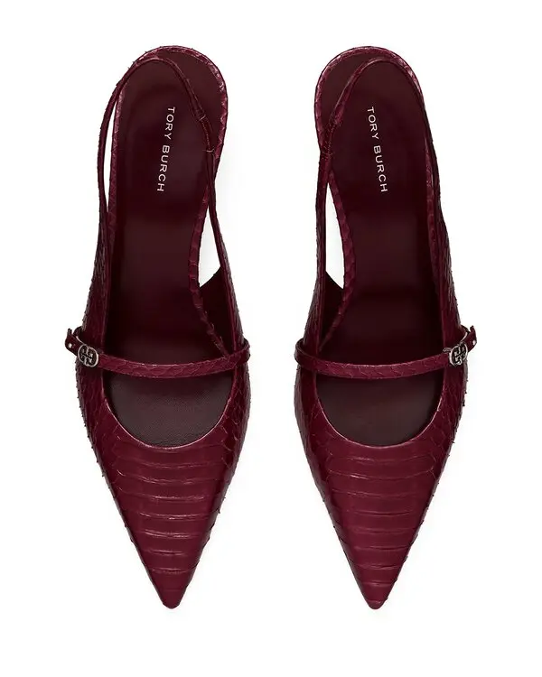 Tory Burch Double T Buckle Snake Embossed Leather Slingback Pumps - Dark Raspberry
