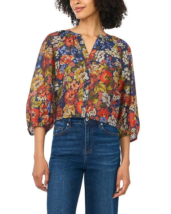 Vince Camuto Floral Print Raglan Sleeve Button Down Blouse - Classic Navy