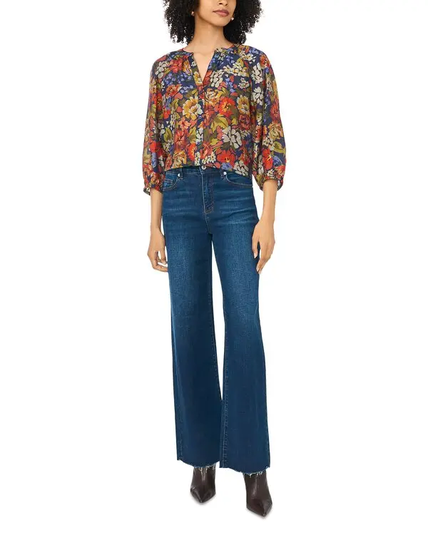 Vince Camuto Floral Print Raglan Sleeve Button Down Blouse - Classic Navy