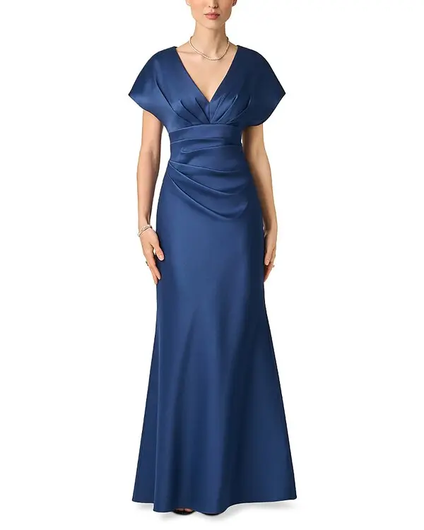 Aidan Mattox Stretch Mikado Gathered Waist Gown - Navy