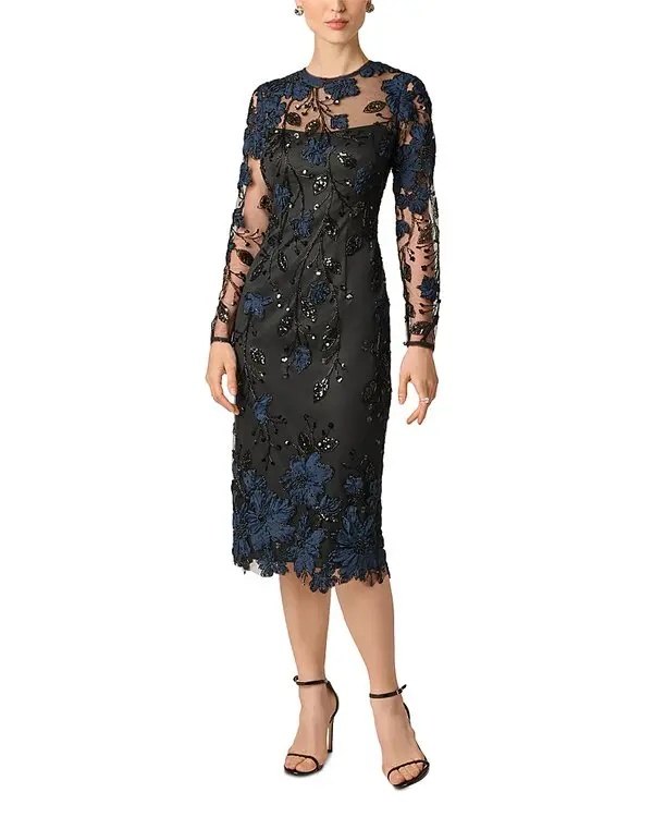 Aidan Mattox 3d Embroidered Long Sleeve Midi Dress