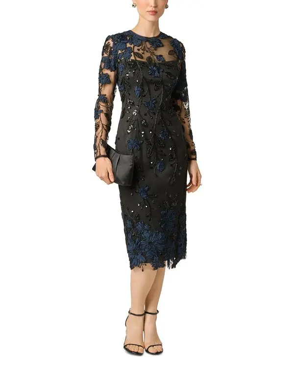 Aidan Mattox 3d Embroidered Long Sleeve Midi Dress