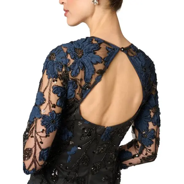 Aidan Mattox 3d Embroidered Long Sleeve Midi Dress