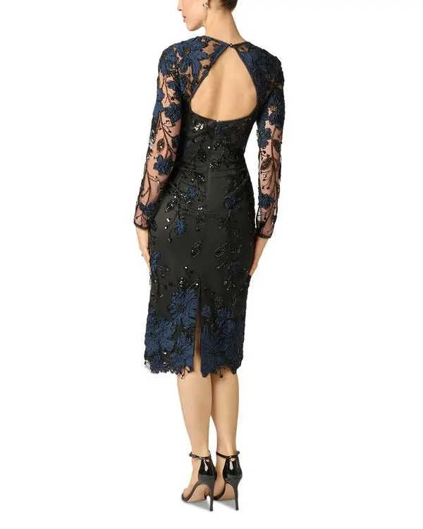Aidan Mattox 3d Embroidered Long Sleeve Midi Dress