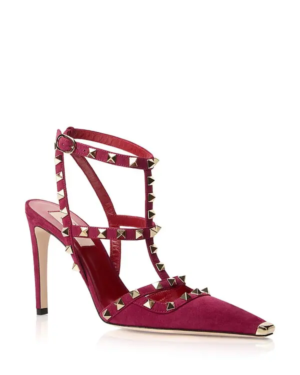Valentino Garavani Rockstud Embellished Suede Ankle Strap Pumps - Dark Red