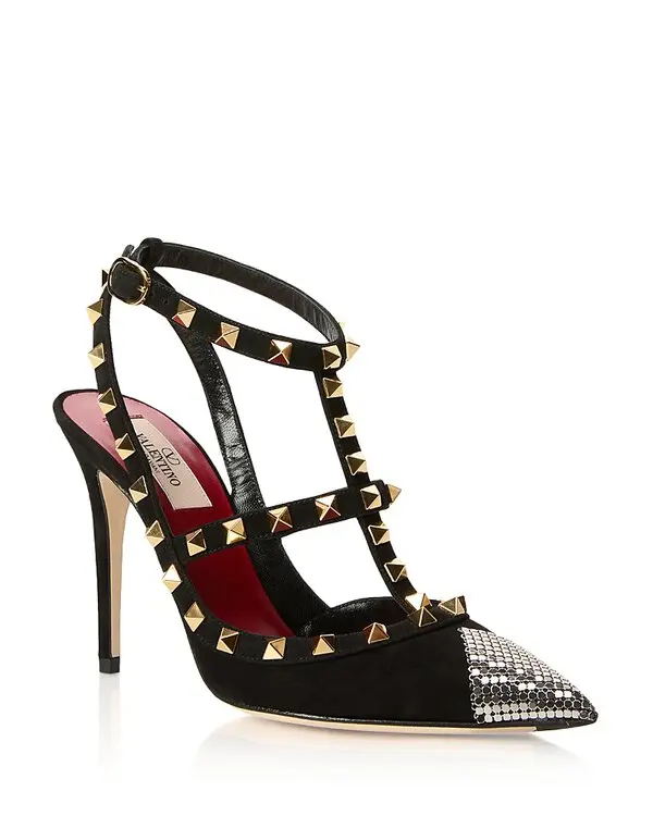 Valentino Garavani Studded Leather Ankle Strap Pumps - Black/crystal