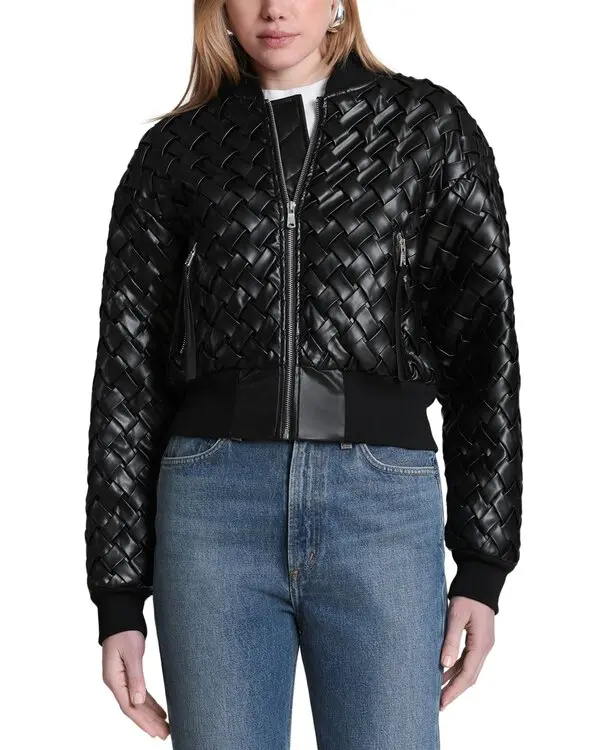 Avec Les Filles Faux Leather Woven Bomber Jacket