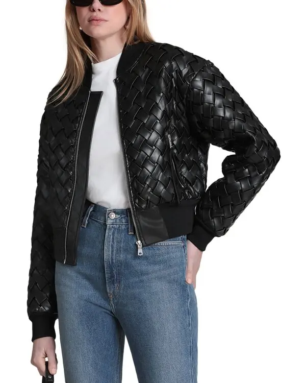 Avec Les Filles Faux Leather Woven Bomber Jacket