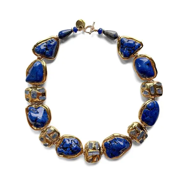 EDGAR NAVARRO JEWELRY Edgar Navarro Sodalite & Lapis Chunky Statement Necklace - Blue/gold