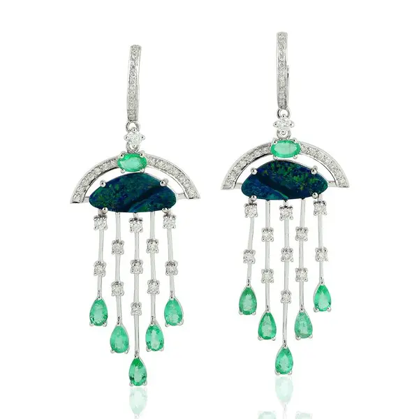 ARTISAN Emerald, Opal, And Diamond Chandelier Drop Earrings In 18k Gold - White