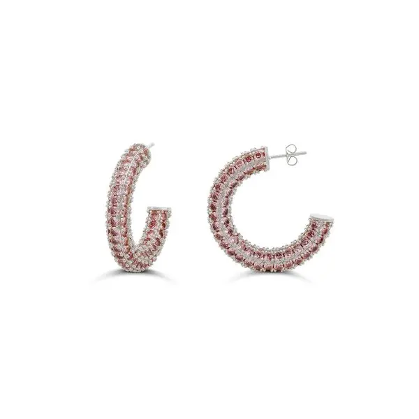 SHYMI Silver / Pink Colored Crystal Pave Hoop Earrings Silver Pink - Silver/pink