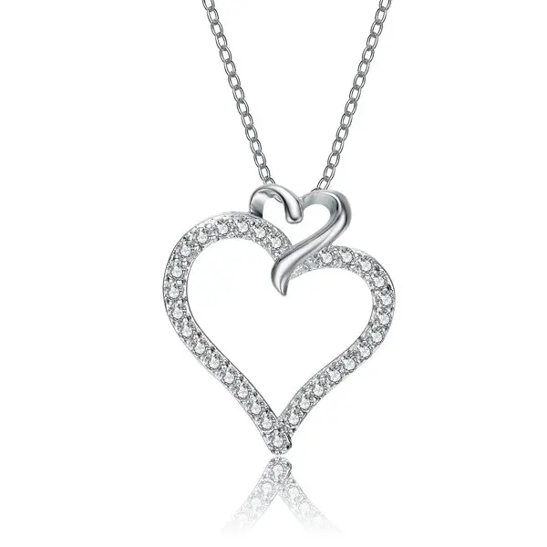 GENEVIVE Sterling Silver White Gold Plated Cubic Zirconia Double Heart Pendant Necklace - White/silver
