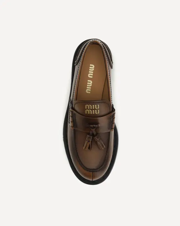 Miu Miu Smooth Leather Tassel Loafers - Brown