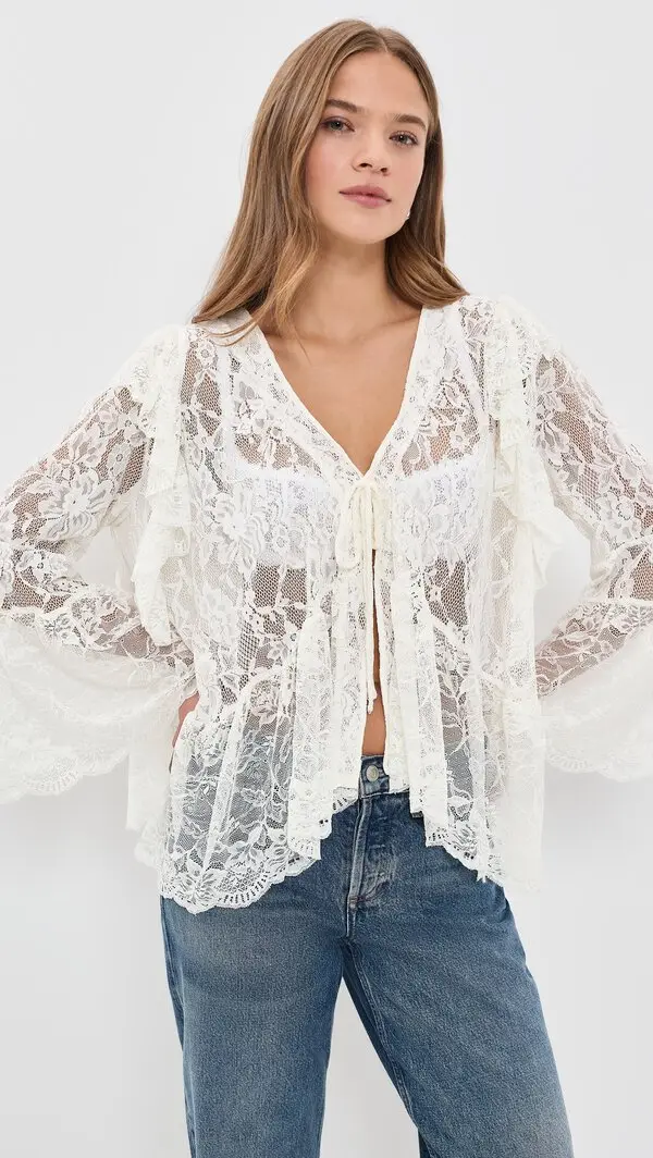 ANOTHER GIRL Oversized Tie Front Lace Blouse