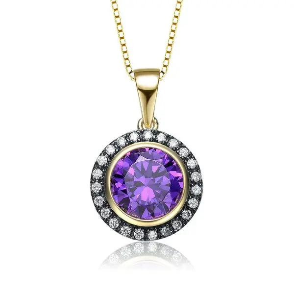 GENEVIVE Yellow Gold Plated With Round Cubic Zirconia Pendant Necklace - Purple