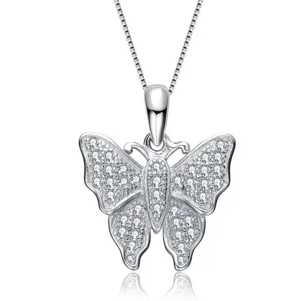 GENEVIVE White / Silver Sterling Silver White Cubic Zirconia Large Butterfly Pendant - White/silver