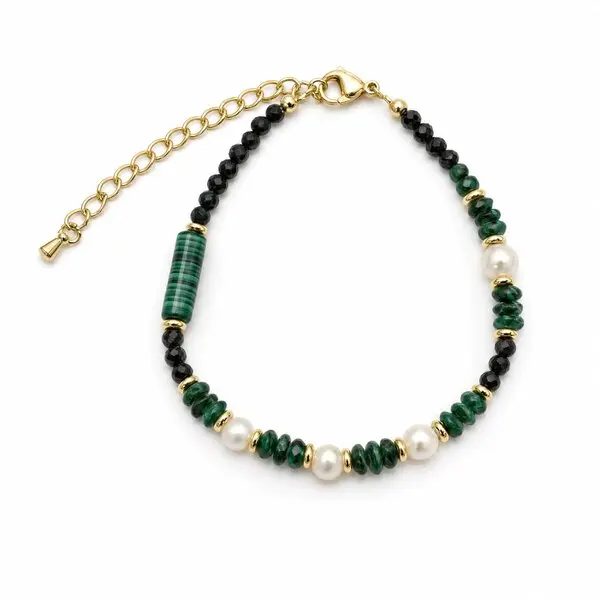 ANGEL BAROCCO Malachite, Black Crystal & Baroque Pearl Beaded Bracelet - Green