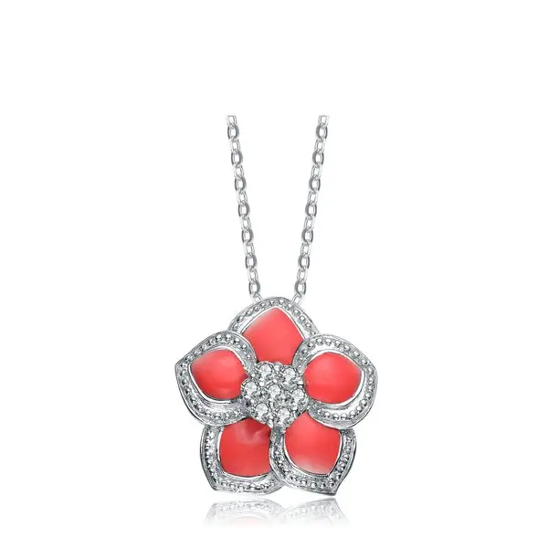 GENEVIVE Sterling Silver Zirconia Flower Pendant - White/red/silver