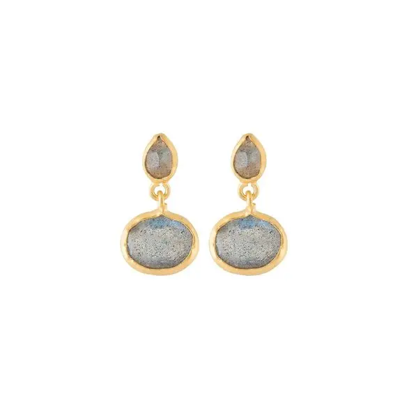OPIUM JEWELS Blue / Grey Double Droplet Oval Studs Labradorite - Blue/grey