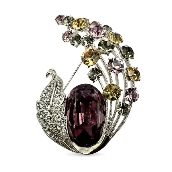 ANGEL BAROCCO Vintage Peacock Feather Crystal Brooch - Purple