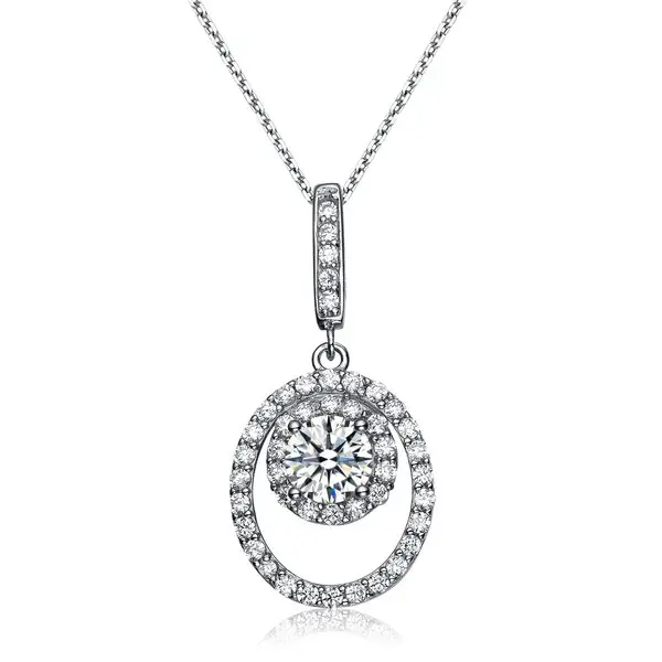 GENEVIVE Sterling Silver White Gold Plated Oval Drop Pendant - White/silver