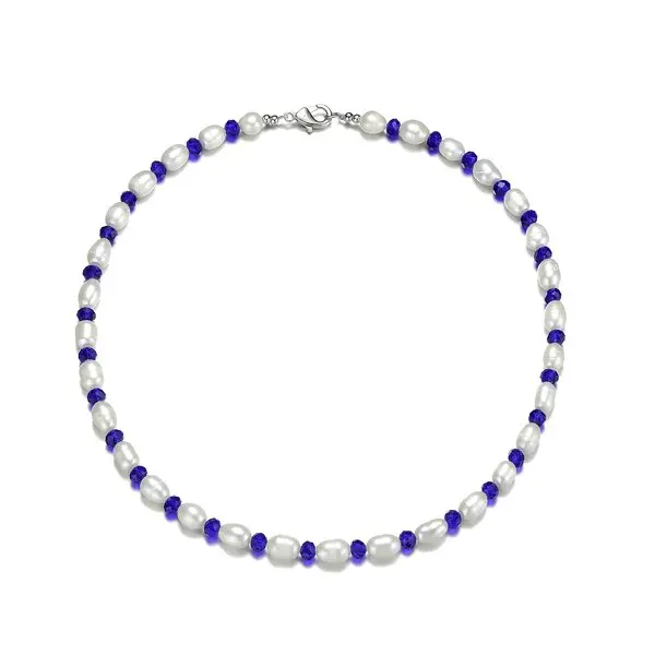 GENEVIVE Sterling Silver White Gold Plated Cubic Zirconia Bead Necklace - Blue