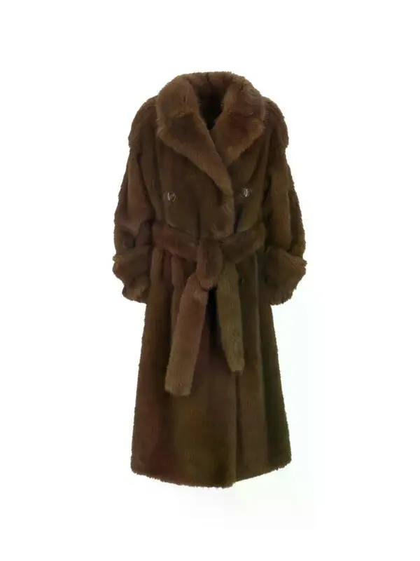 BB COUTURE Belted Double-breasted Faux-fur Coat - Brown