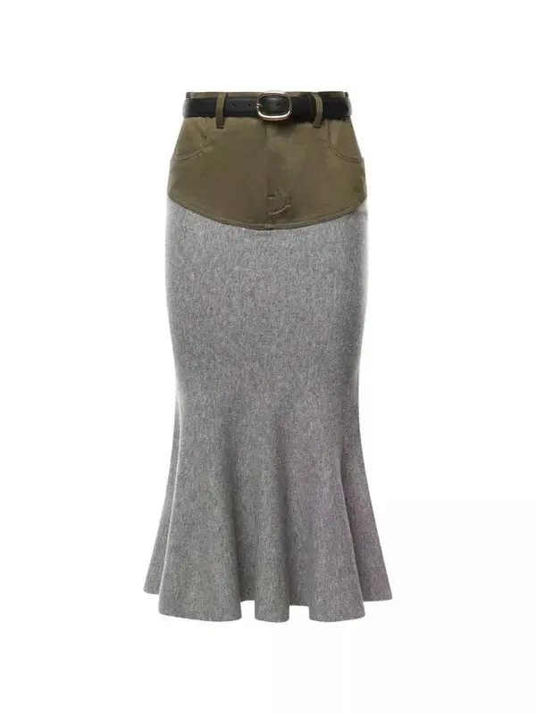 SELF-PORTRAIT Knit-khaki Denim-insert Midi Skirt - Grey