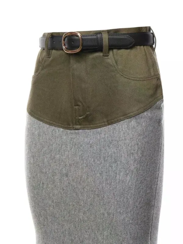 SELF-PORTRAIT Knit-khaki Denim-insert Midi Skirt