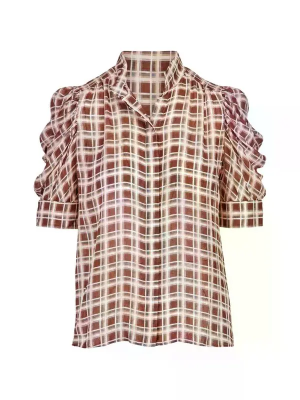 FRAME The Gillian Check-pattern Ruched-sleeve Blouse - Brown