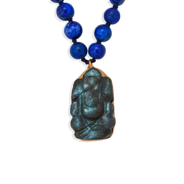 OPIUM JEWELS Blue / Gold / Grey Ganesha Talisman Necklace In Lapiz & Labradorite - Blue/gold/grey