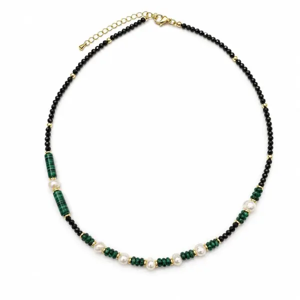 ANGEL BAROCCO Malachite, Black Crystal & Baroque Pearl Beaded Necklace - Green