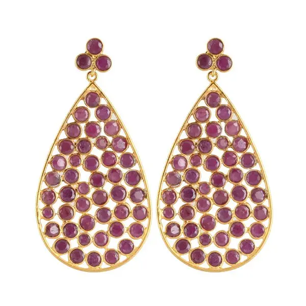 OPIUM JEWELS Gold / Red Dew Drop Jali Earrings Rubies - Gold/red