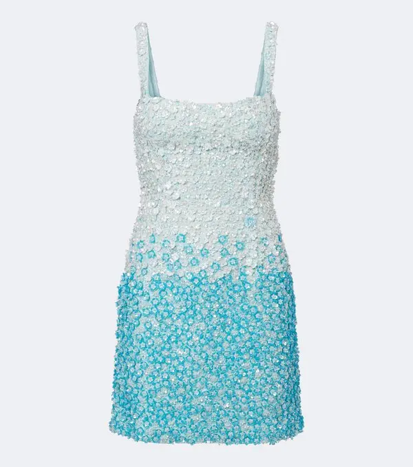 LA FUORI Ombré Floral Sequined Silk Minidress - Blue