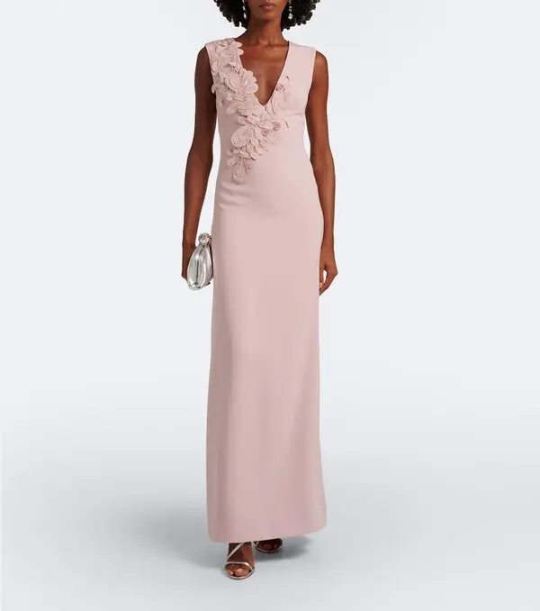 Costarellos Jevi Embellished Floral Appliqué Crepe Gown