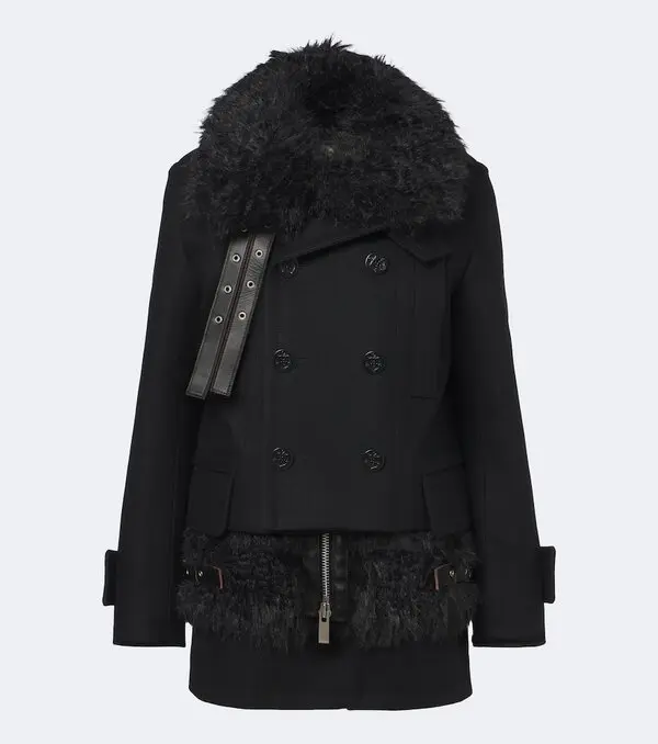 Sacai Layered Leather-trimmed Wool Coat - Black