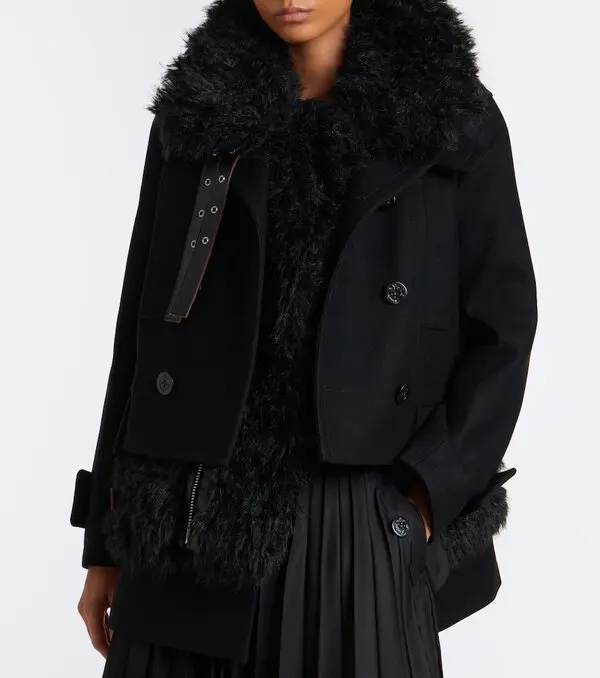 Sacai Layered Leather-trimmed Wool Coat - Black