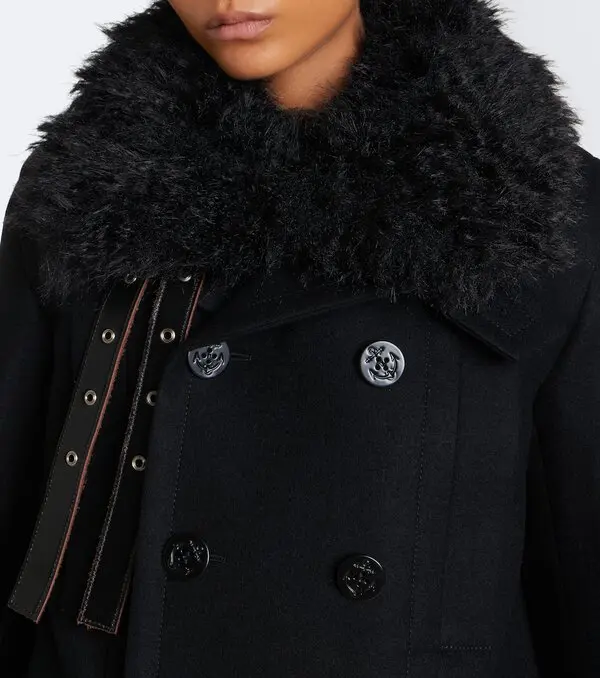 Sacai Layered Leather-trimmed Wool Coat - Black