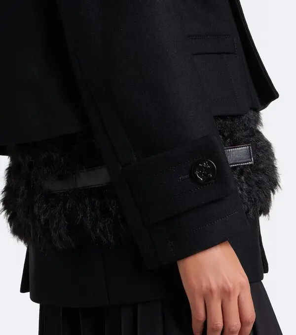 Sacai Layered Leather-trimmed Wool Coat - Black