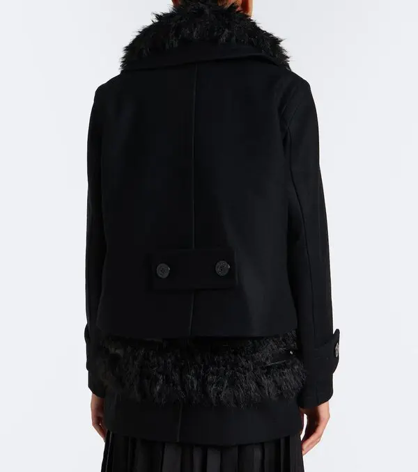 Sacai Layered Leather-trimmed Wool Coat - Black