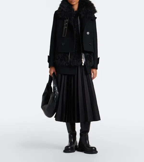 Sacai Layered Leather-trimmed Wool Coat - Black