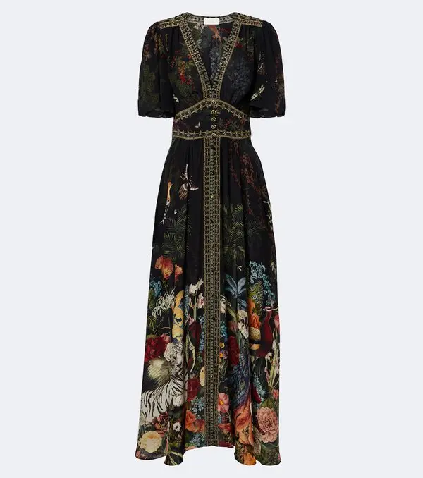 Camilla Embellished Printed Silk Satin Maxi Dress - Black