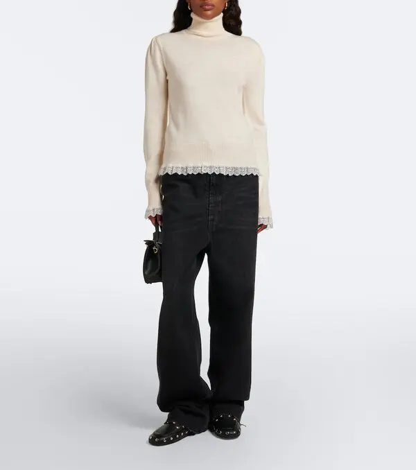 GANNI Lace-trimmed Wool Turtleneck Sweater