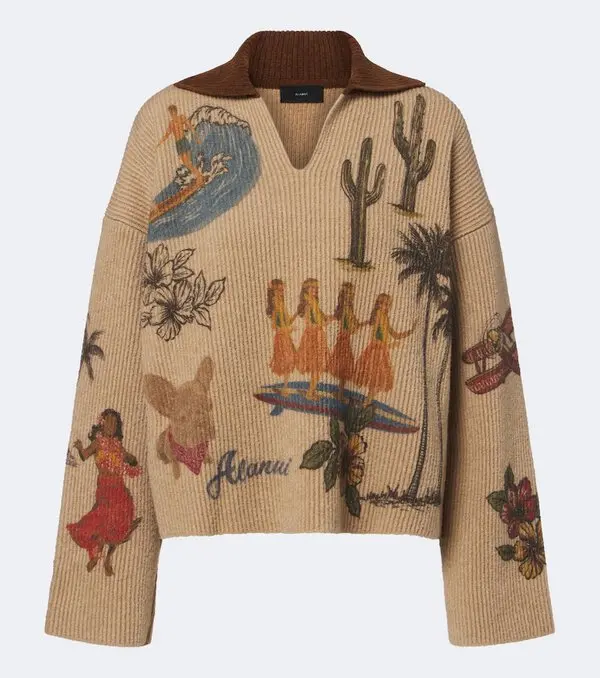 Alanui Decade Printed Wool And Cotton-blend Polo Sweater - Beige