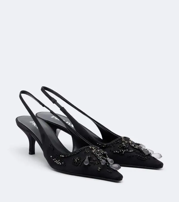 Prada Embellished Satin Slingback Pumps - Black