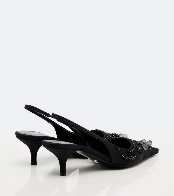 Prada Embellished Satin Slingback Pumps - Black