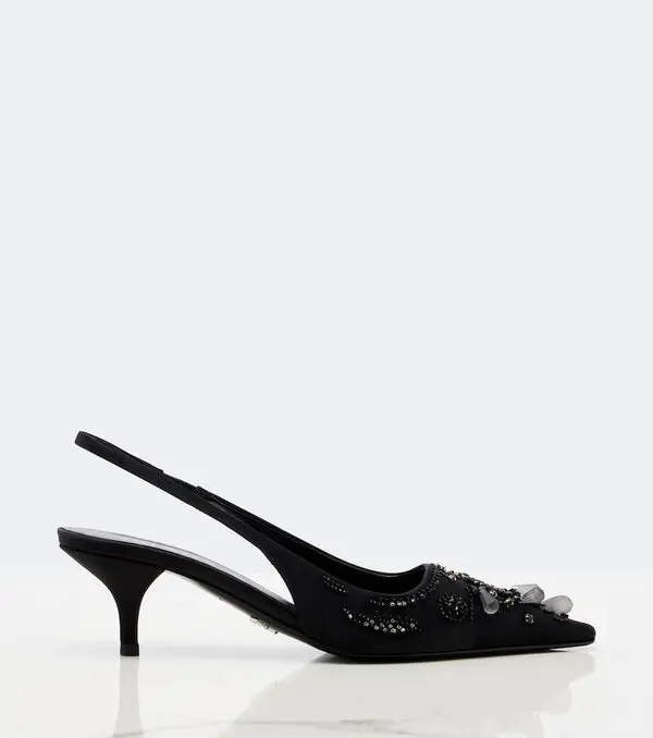 Prada Embellished Satin Slingback Pumps - Black